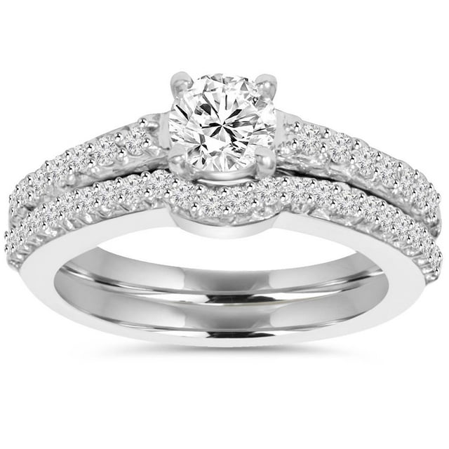 Pompeii 1ct Pave Diamond Engagement Wedding Matching Ring Set 14K White Gold Round Cut - Walmart.com