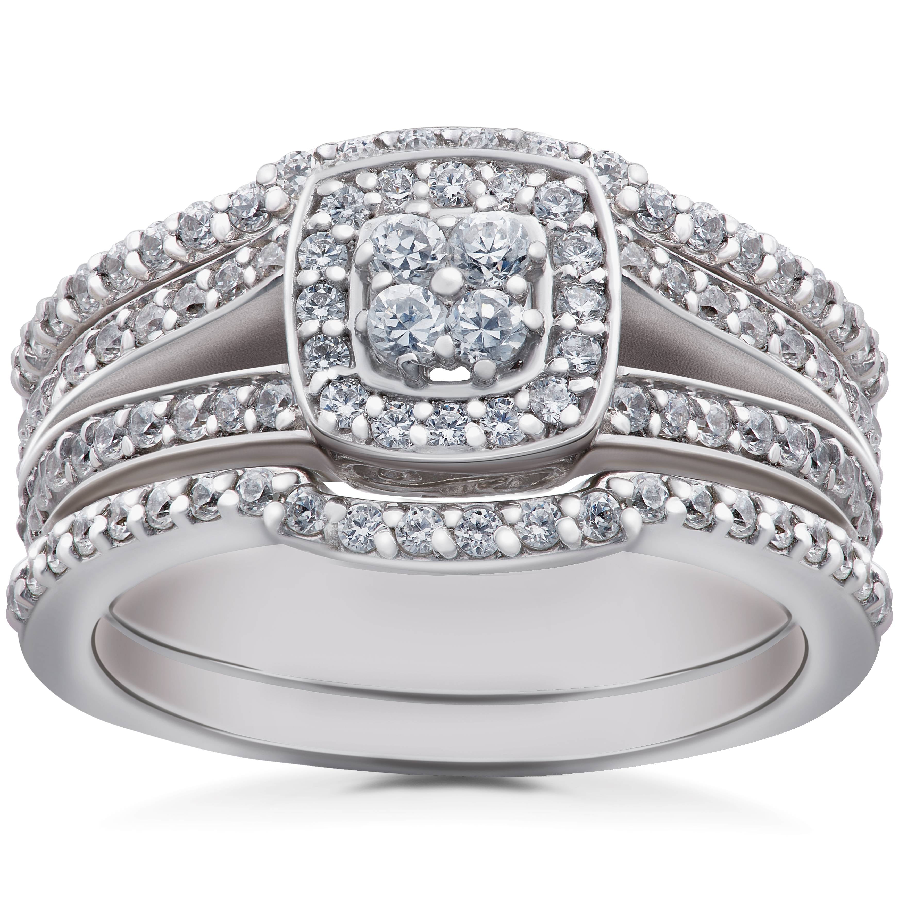 Pompeii 1ct TDW Cushion Halo Diamond Trio Engagement Guard Wedding Ring ...