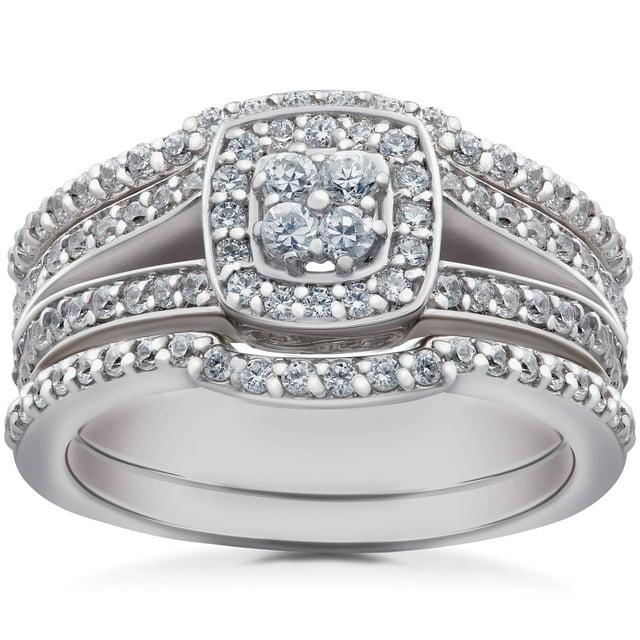 Pompeii 1ct TDW Cushion Halo Diamond Trio Engagement Guard Wedding Ring Set Gold - Walmart.com