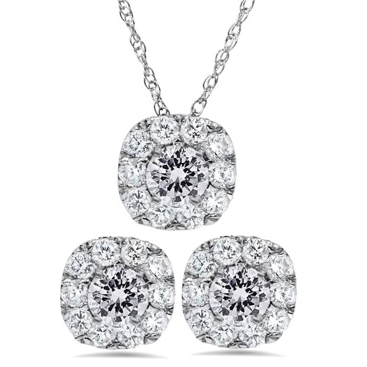 Pompeii 2 1/10ct Cushion Halo Diamond Studs & Pendant Matching Set 14K ...