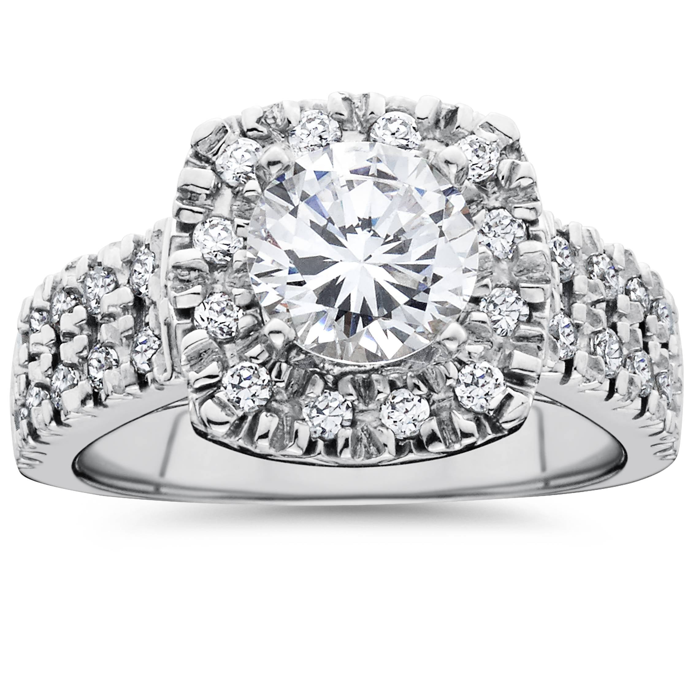 Pompeii3 7/8 Ct Diamond Cushion Halo Engagement Ring, 10k White Gold, Double Row Solitaire ...
