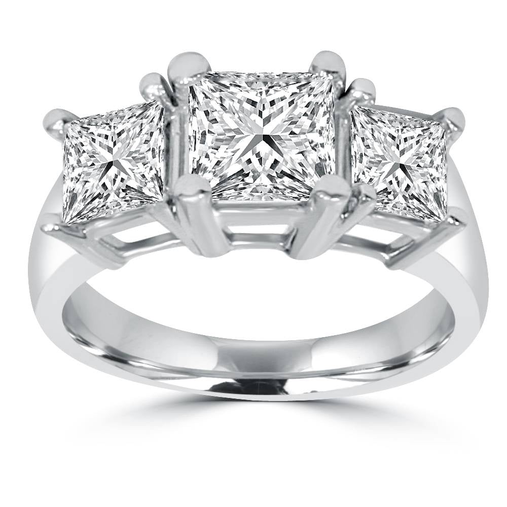 Pompeii 2ct 3 Stone Princess Cut Real Diamond Engagement Ring 14K White ...