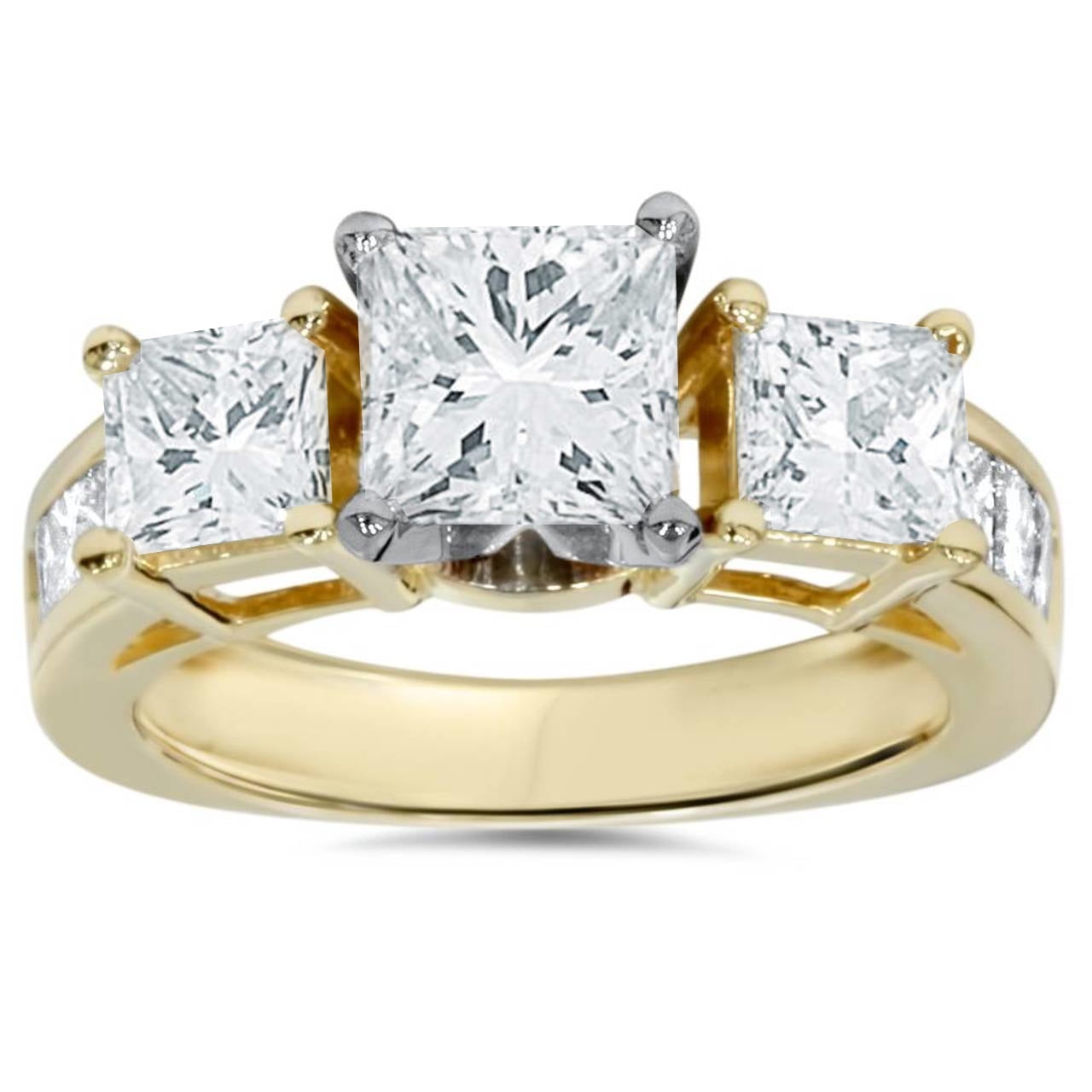 Pompeii 2ct Princess Cut Diamond 3 stone Engagement Ring 14K Yellow Gold (I/J,I1-I2) - Walmart.com
