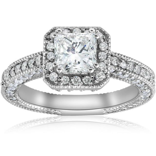 Pompeii 2ct Vintage Princess Cut Diamond Halo Engagement Ring 14K White Gold (G/H,I1-I2 ...