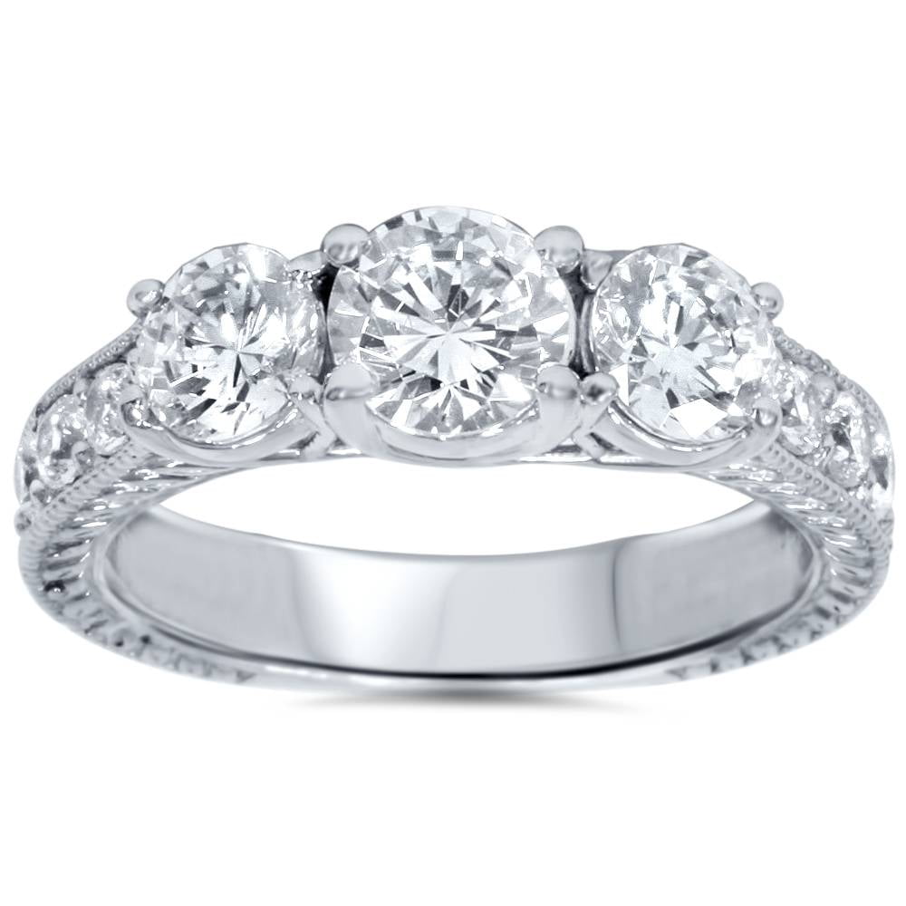 Pompeii 2ct Vintage Three Stone Round Diamond Engagement Ring 14K White ...