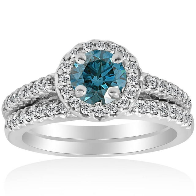 Pompeii 3/4Ct Halo Round Blue Diamond Engagement Matching Wedding Ring ...