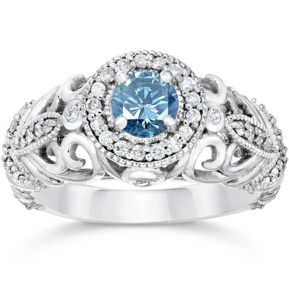 Pompeii 3/4ct Blue & White Diamond Vintage Halo Engagement Ring 14K ...