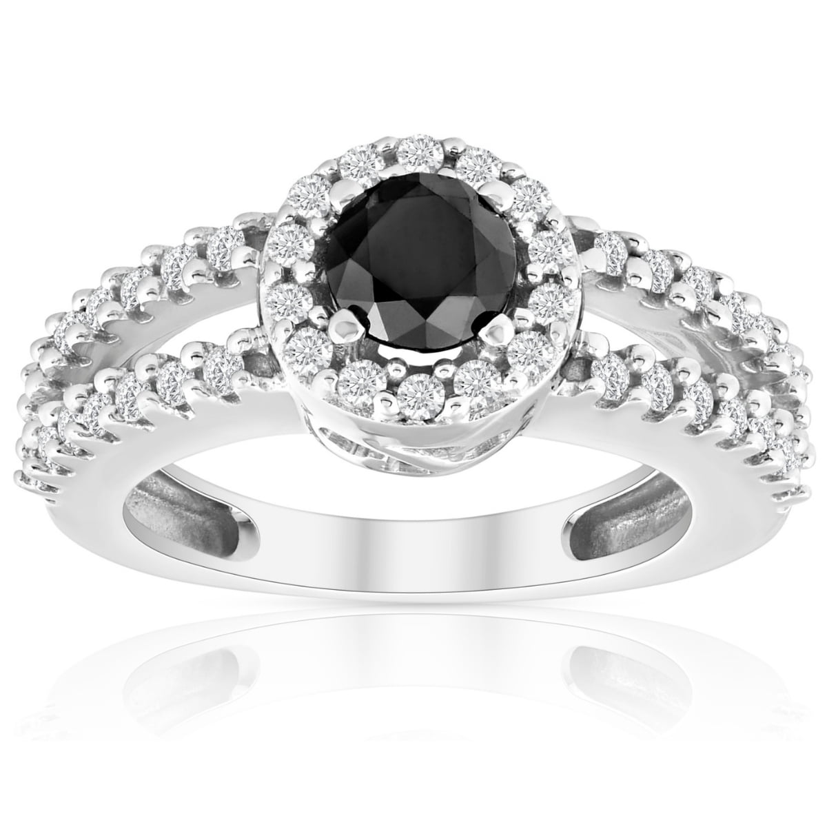 Pompeii 3/4ct Halo Split Shank Black & White Diamond Ring 14K White ...