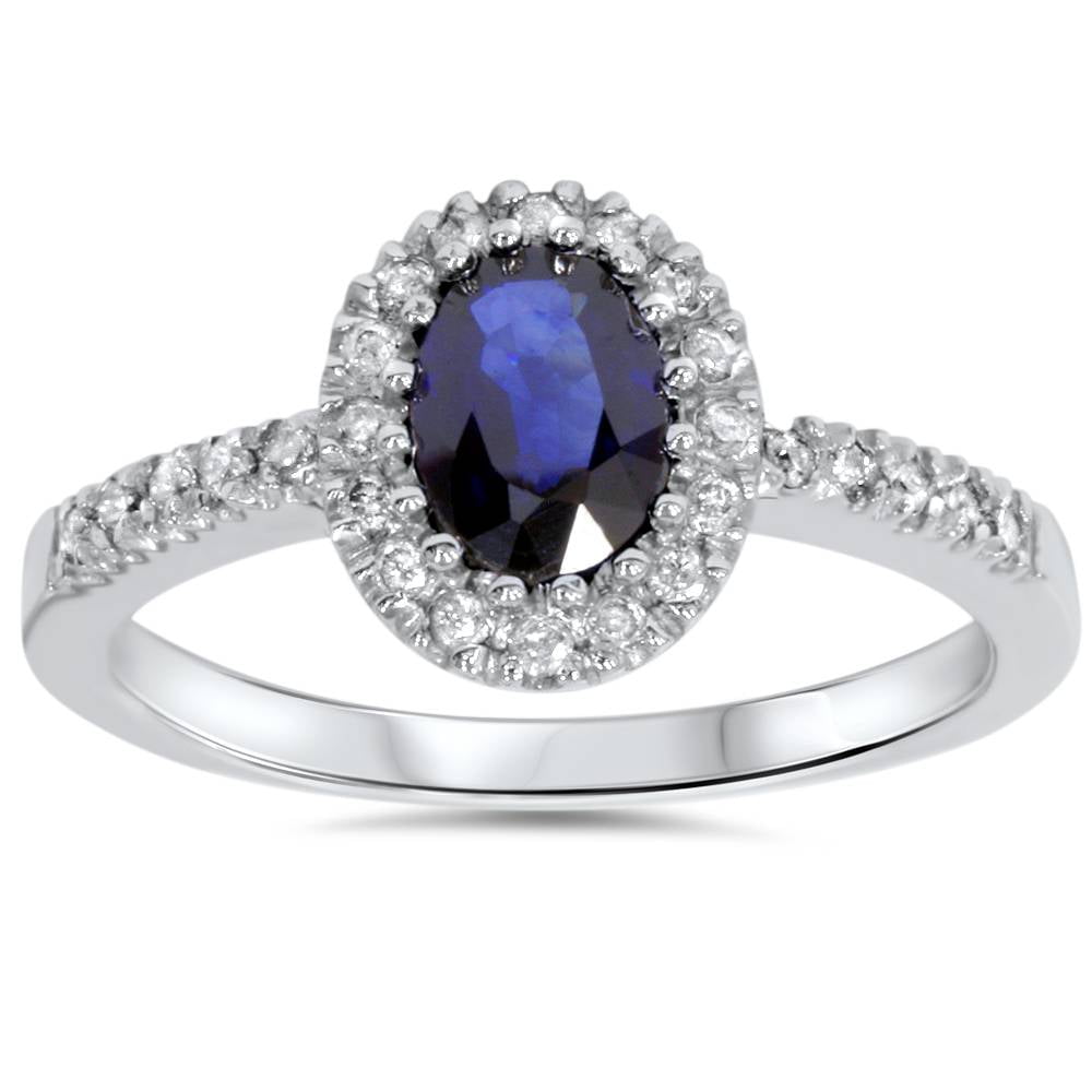 Pompeii 3/4ct Oval Blue Sapphire Halo Diamond Ring 14K White Gold (G,I2 ...