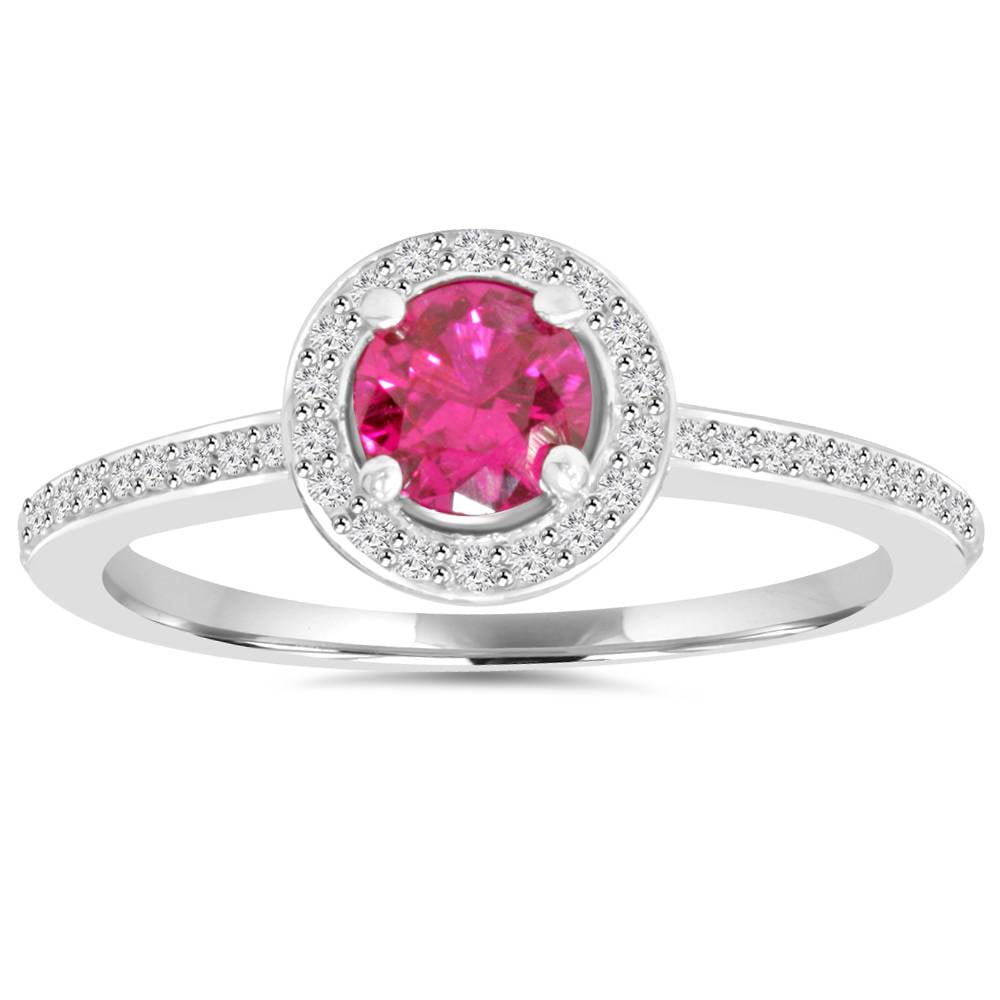 Pompeii 3/4ct Ruby Halo Diamond Pave Enagement Ring 14K White Gold (G/H ...