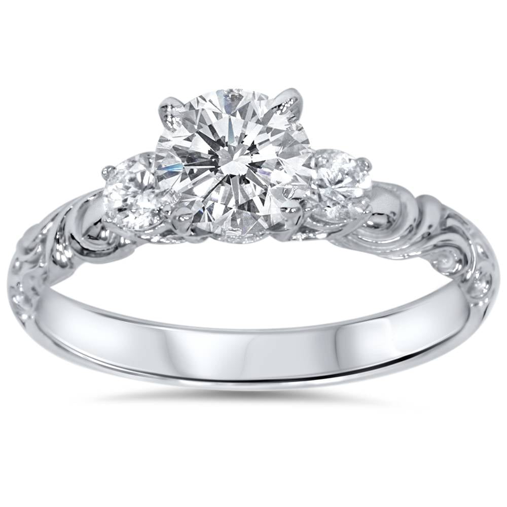 Pompeii 3/4ct Vintage 3 Stone Diamond Engagement Ring 14K White Gold (G ...