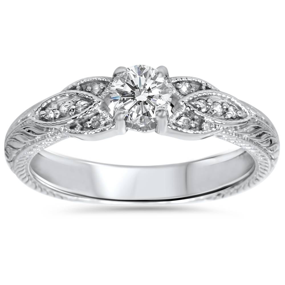 Pompeii 3/8ct Vintage Diamond Floral Engraved Engagement Ring 14K White ...