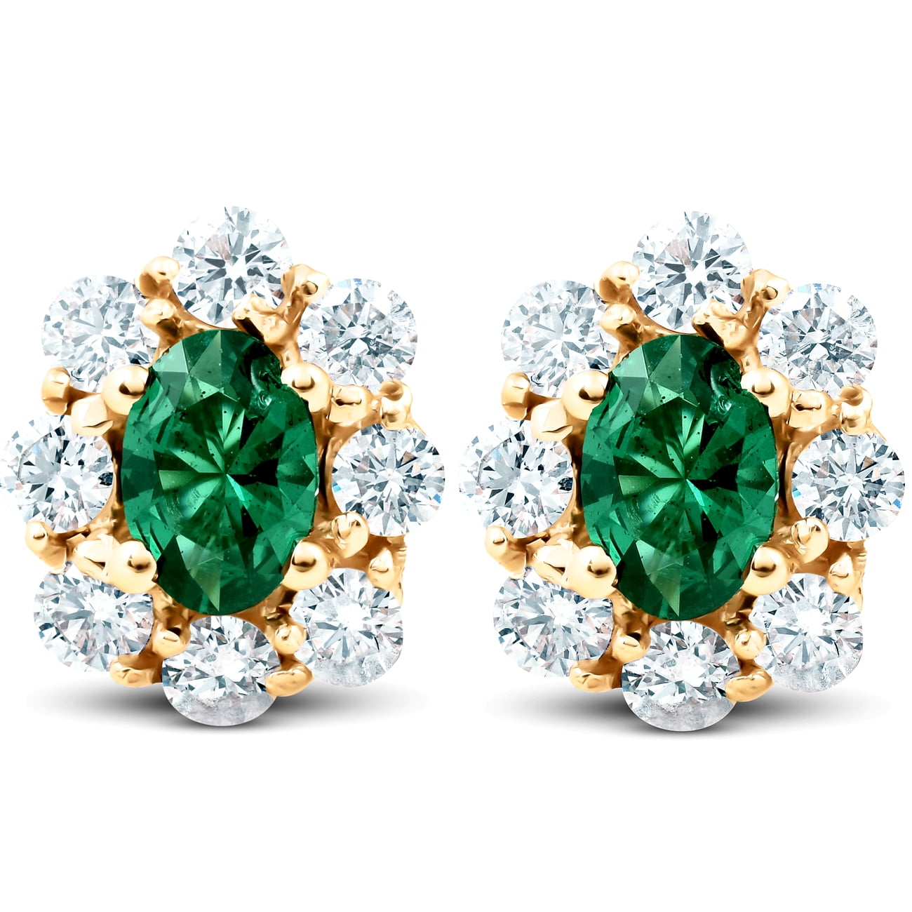 Pompeii 3 Ct Emerald & Diamond Halo Studs 14k Yellow Gold (H/I,I1 ...