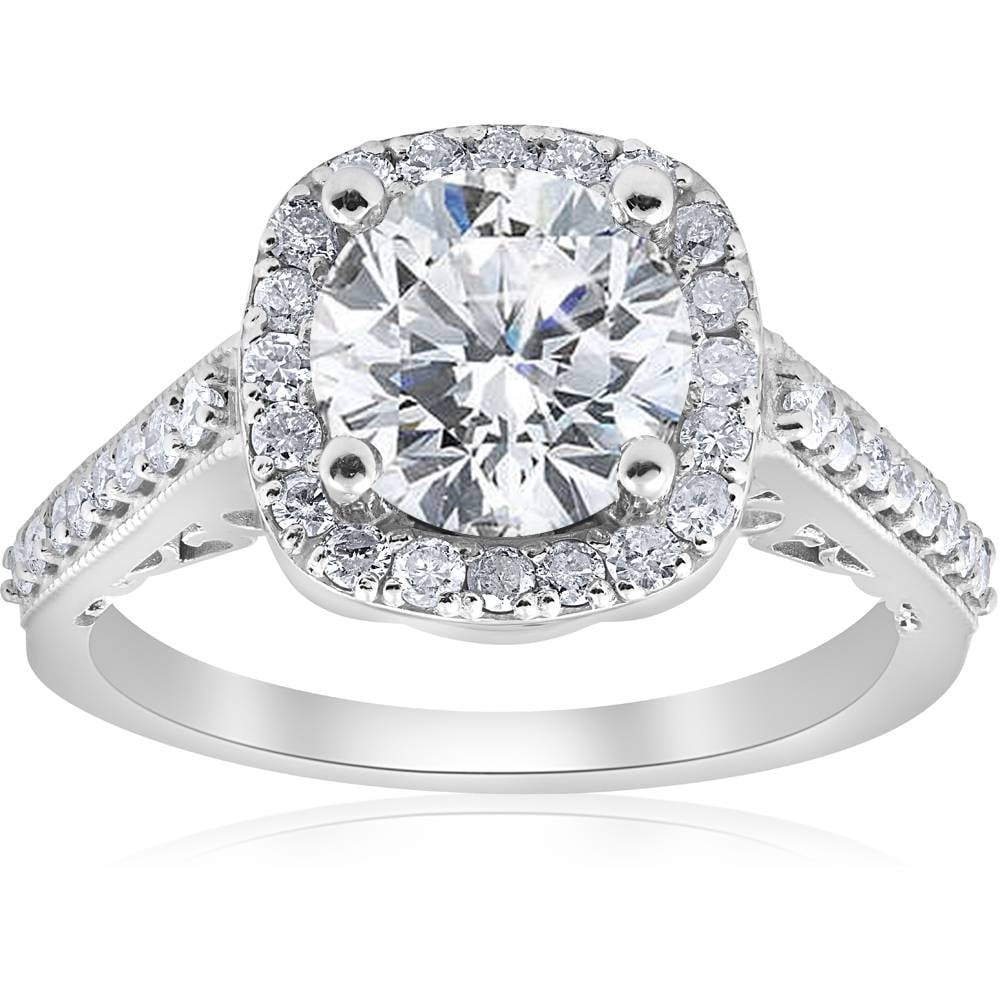 Pompeii3 3ct Real Diamond Cushion Halo Vintage Engagement Ring, 14k White Gold, Lab Grown ...