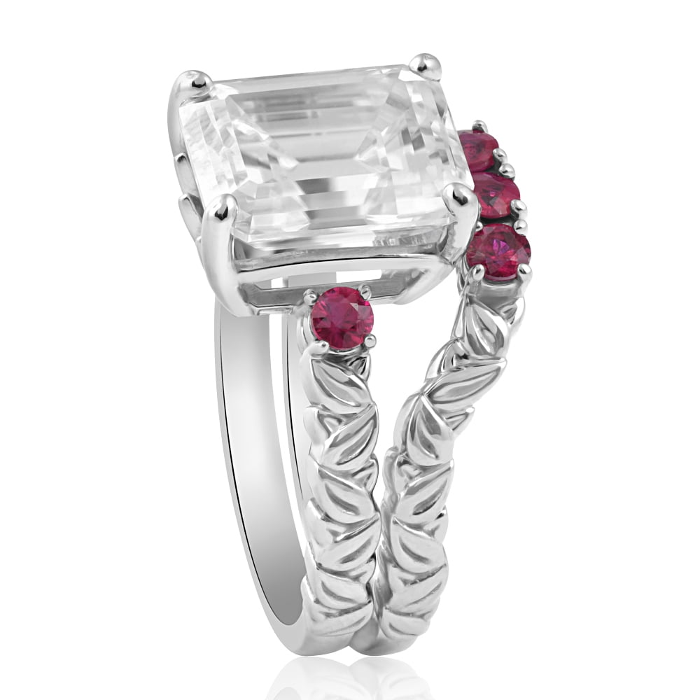 Pompeii 5 1/2Ct Ruby & Emerald Cut Moissanite Petite Leaf Engagement ...