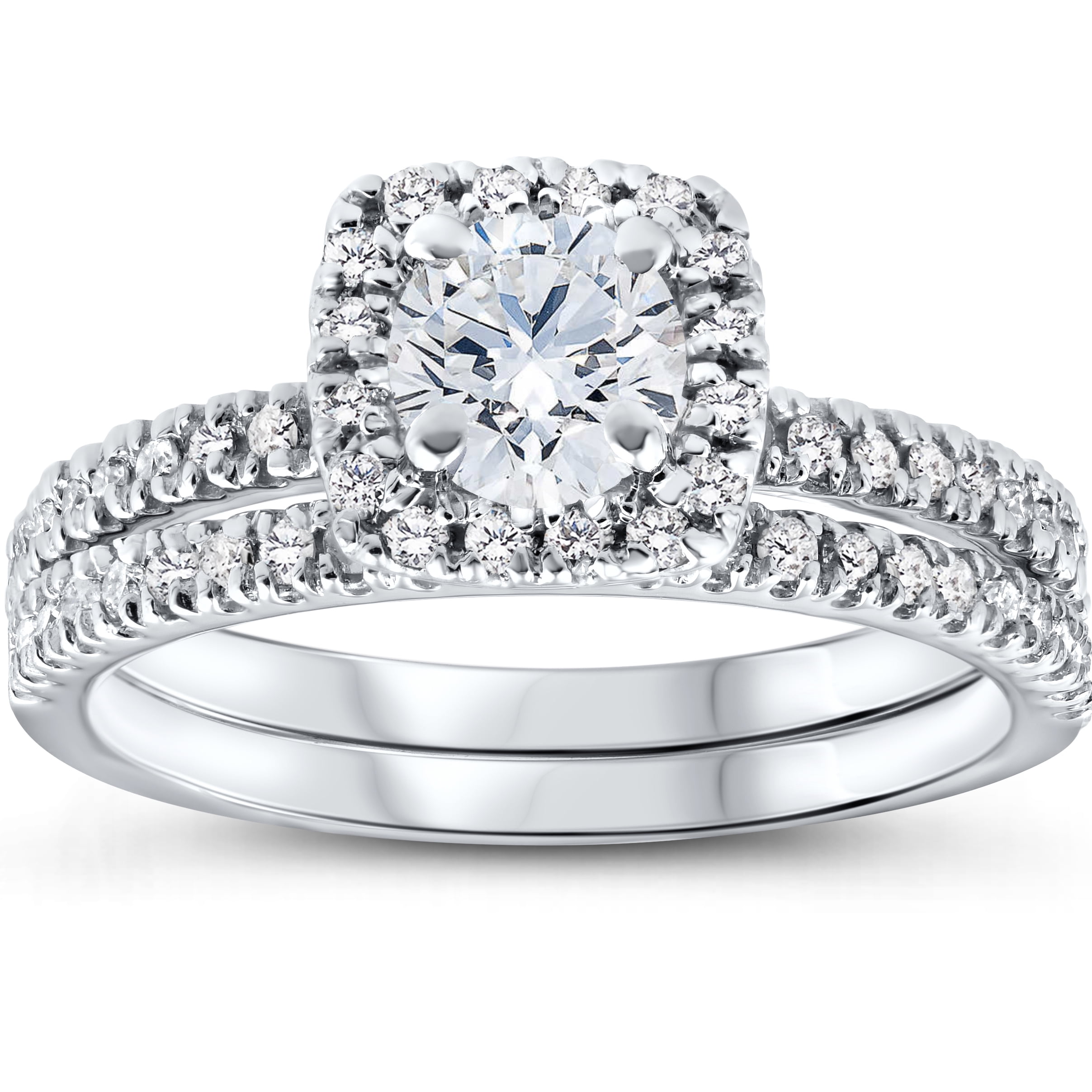 Pompeii 5/8 Ct Lab Grown Diamond Cushion Halo Engagement Wedding Ring Set White Gold EX3 ...