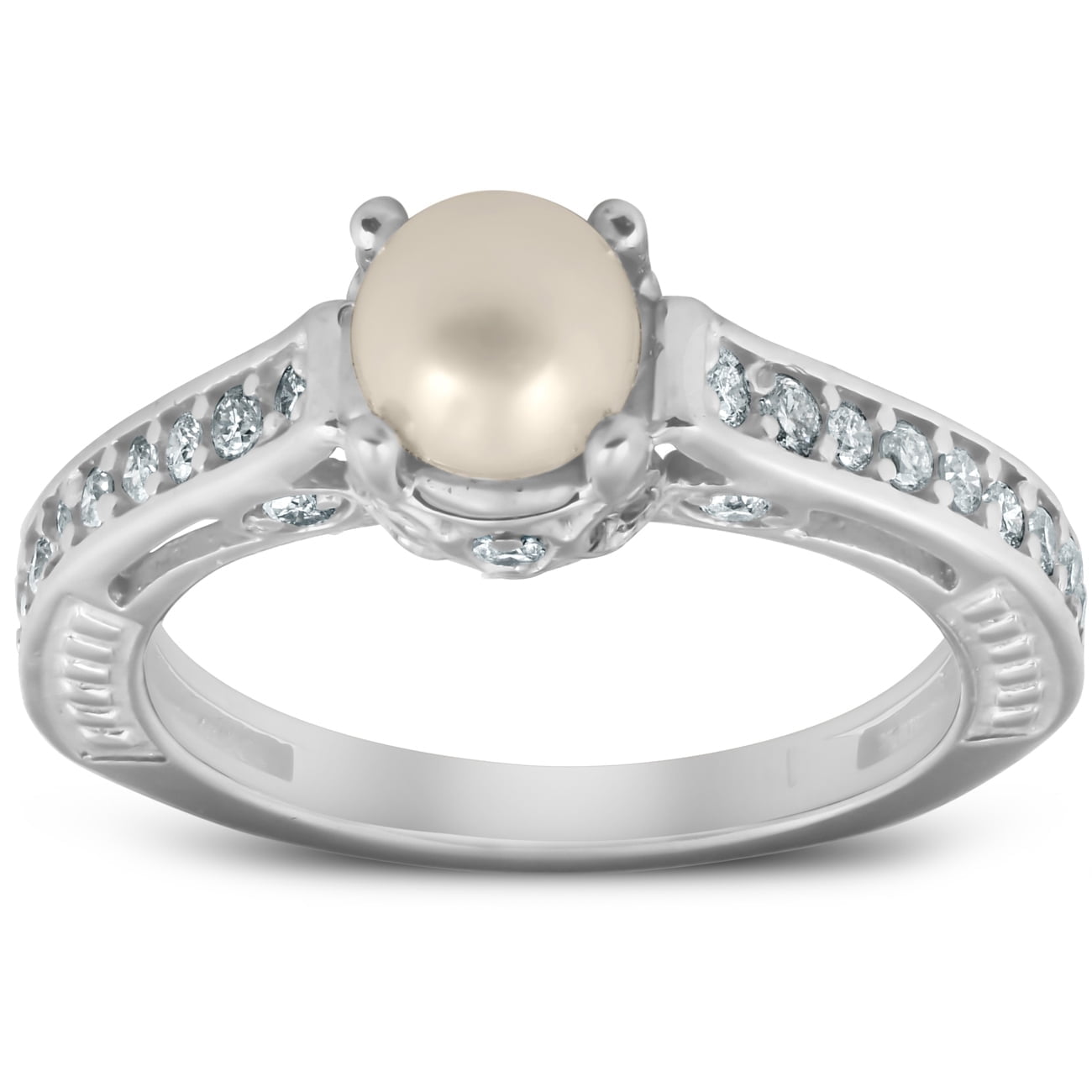 Pompeii3 Diamond Pearl Vintage Gatsby Style Ring 14K White Gold (G/H,I2 ...
