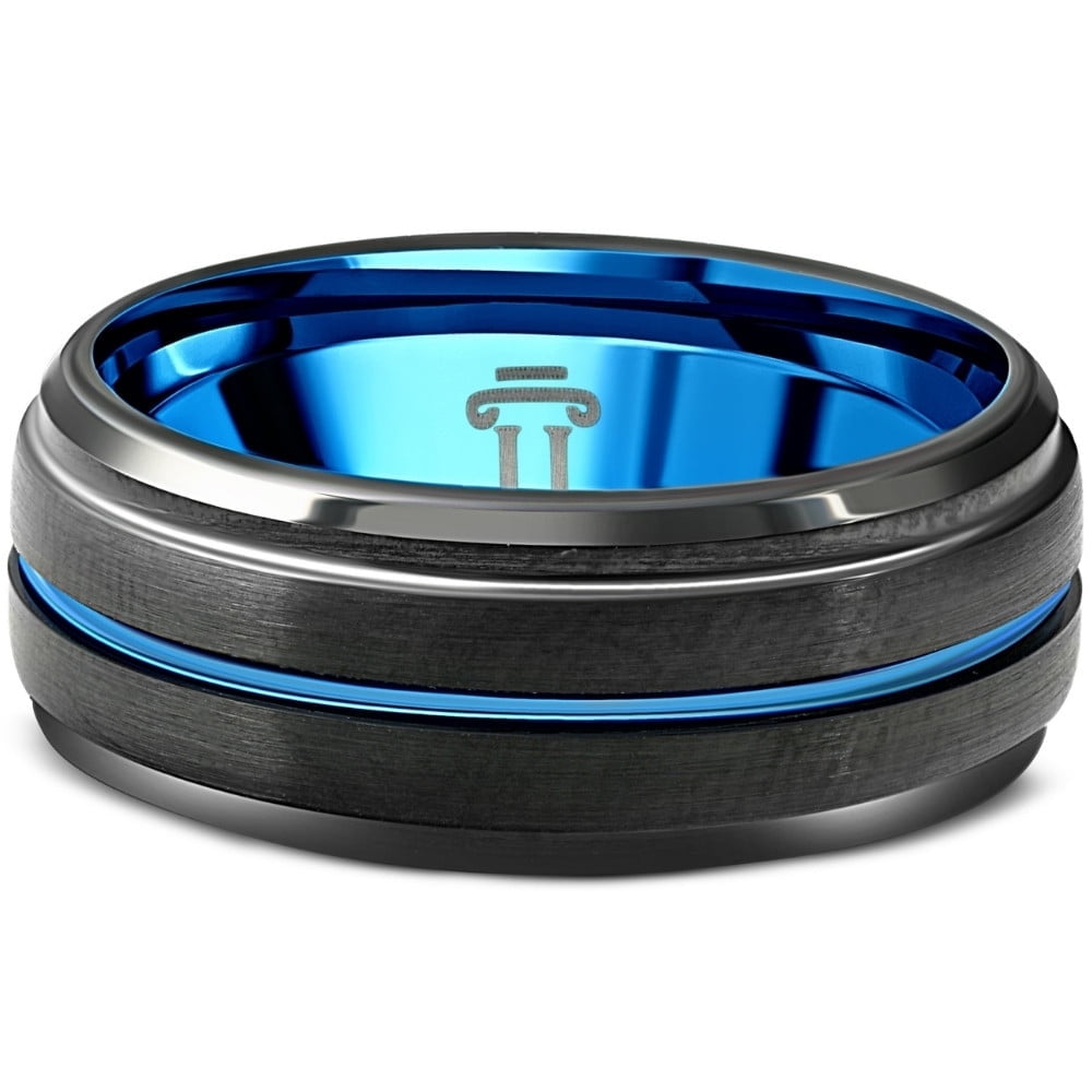Pompeii3 Men's Black & Blue Tungsten Ring Brushed Beveled Step Cut ...