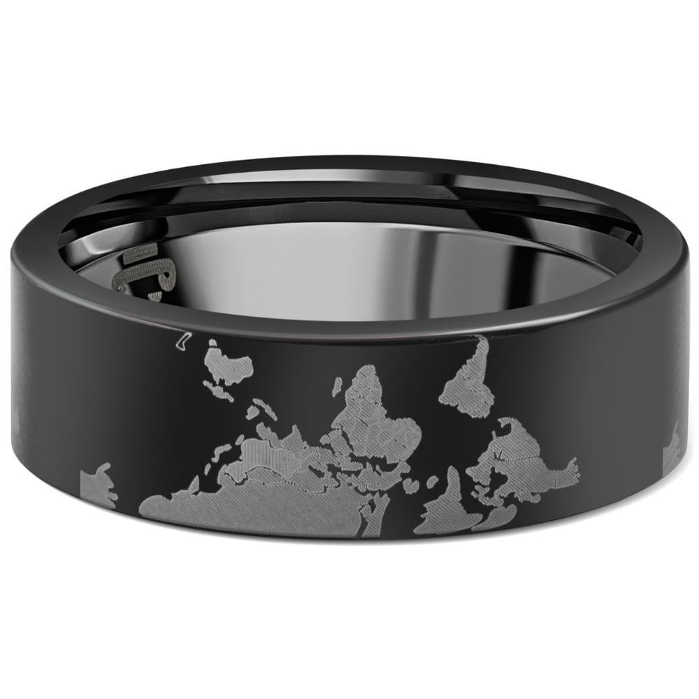 Pompeii Men's Black Tungsten Lasered World 8mm Flat Ring Wedding Band ...