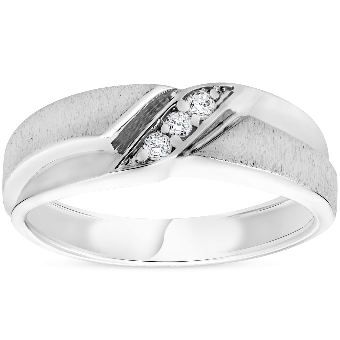 Pompeii Mens 1/10ct White Gold Diamond Ring Contour Brushed Three Stone ...