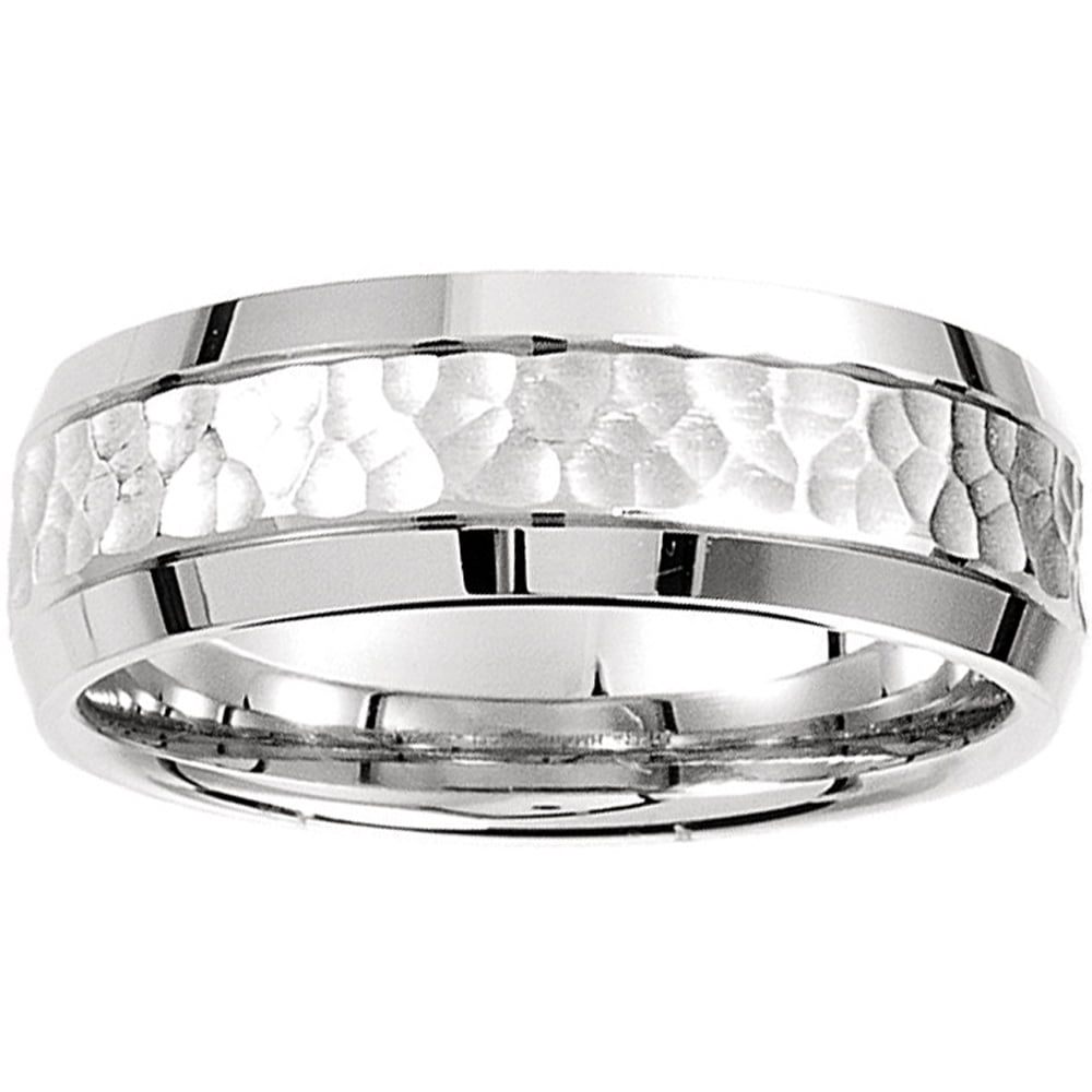Pompeii Mens 14k White Gold Hammered Beveled Edge 7MM Wedding Band Ring ...