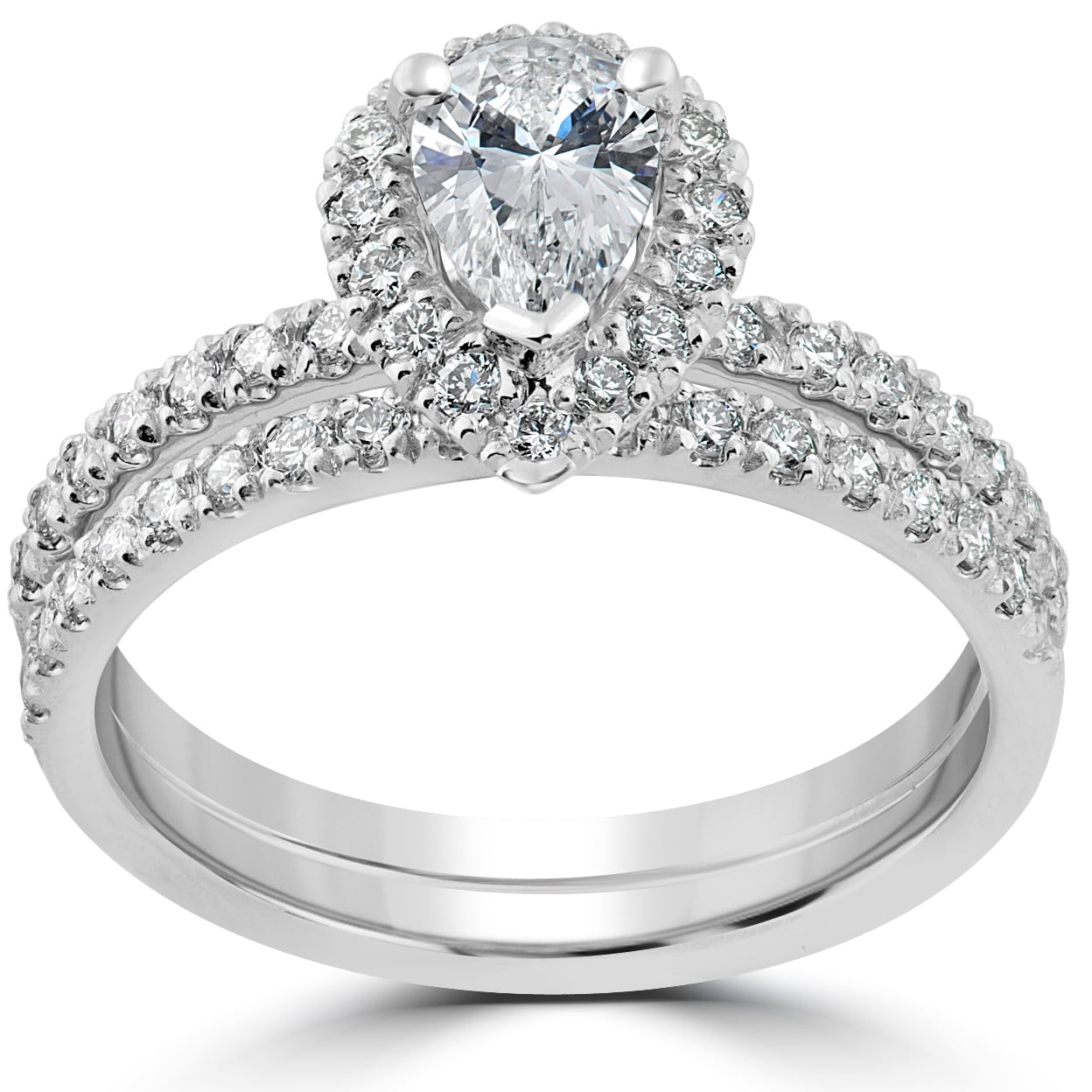 Pompeii 1 1/10ct Pear Halo Diamond Engagement Wedding Ring Set 14k White Gold Lab Grown ...