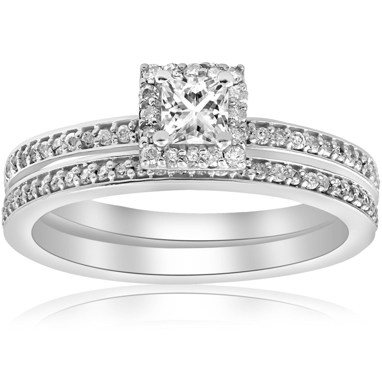 14kt White Gold Womens Princess Diamond Halo Bridal Wedding Engagement