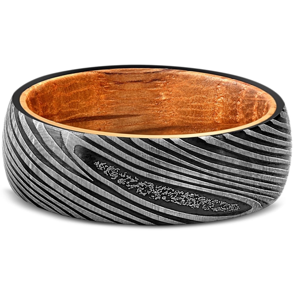 Pompeii3 Men's Tungsten & Whiskey Barrell 8mm Ring Damascus Pattern ...