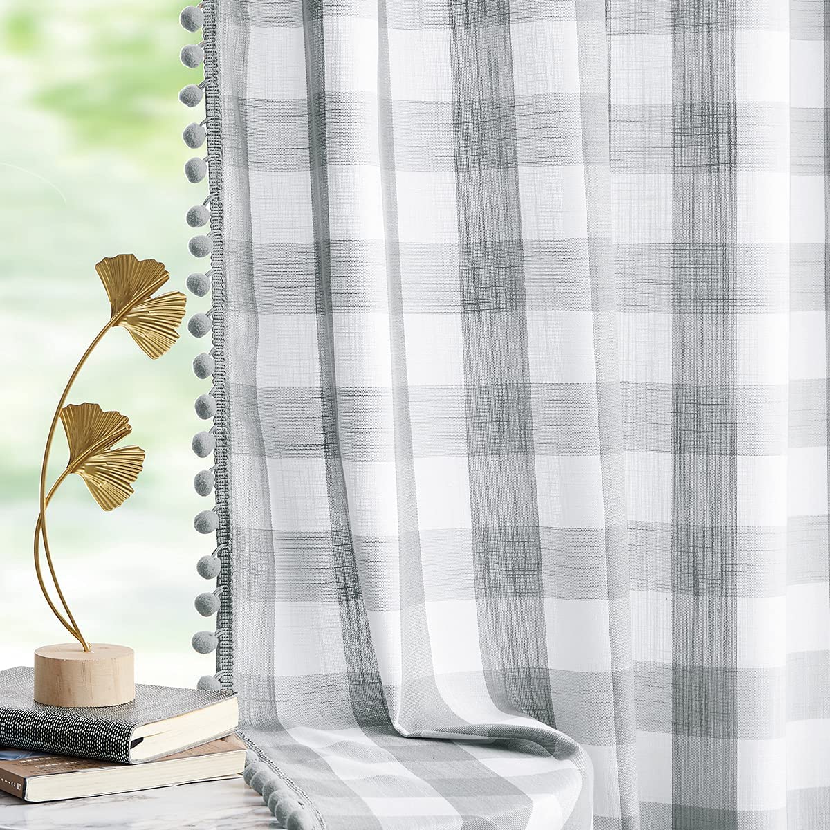 Pompom Check Curtains Grey White Gingham Plaid Curtain Panels 63 inch ...