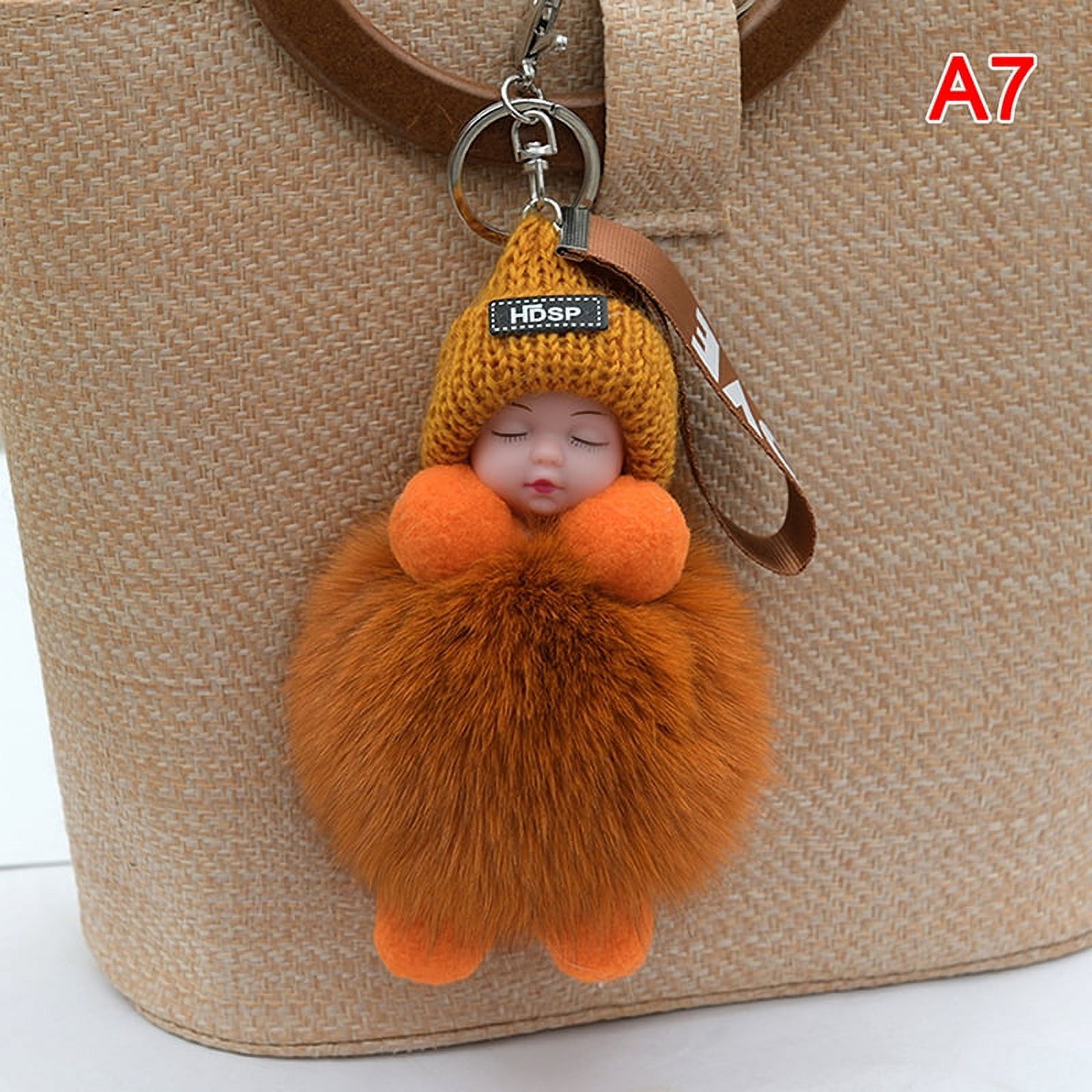 Pompom Sleeping Baby Keychain Cute Fluffy Plush Doll Keychains ...