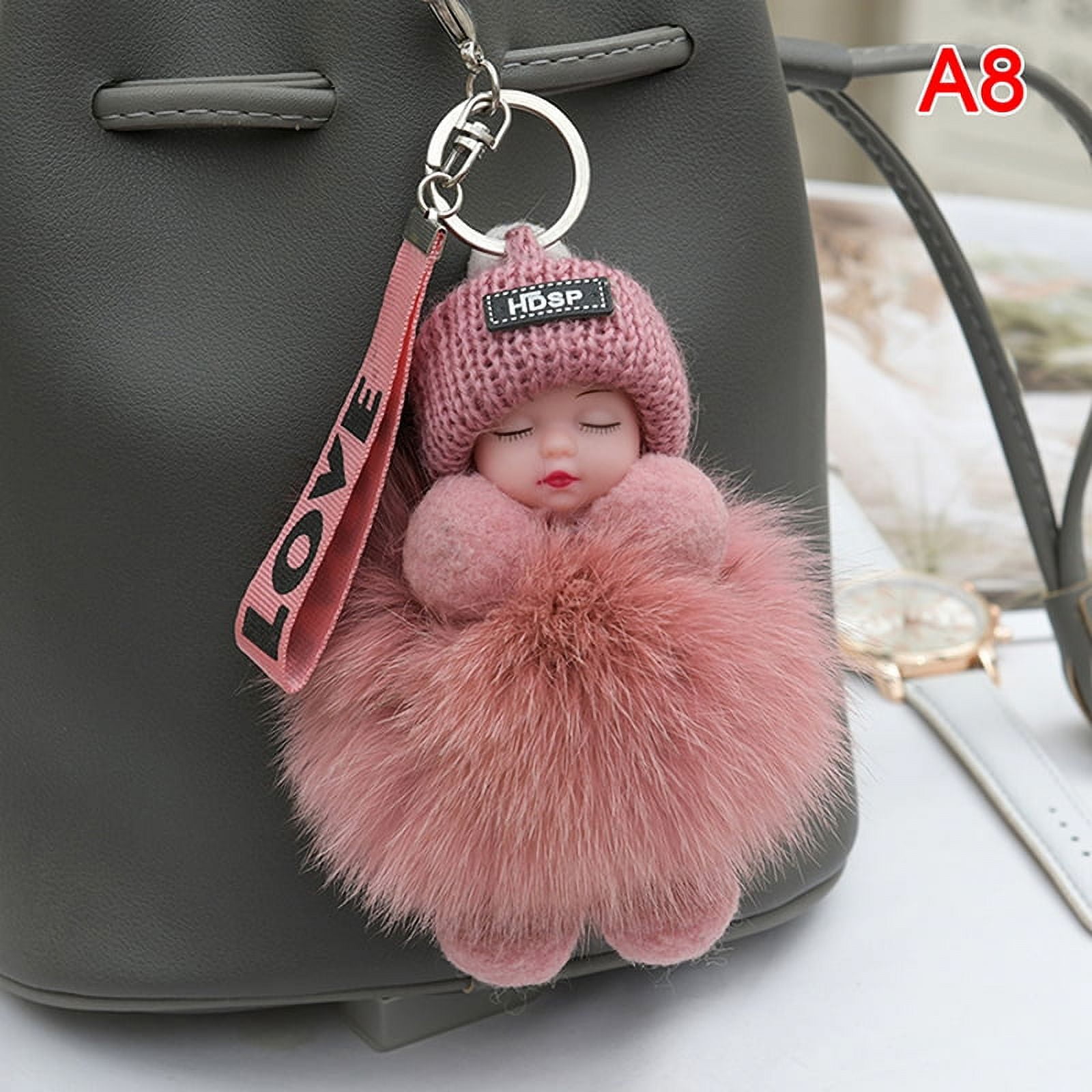Pompom Sleeping Baby Keychain Cute Fluffy Plush Doll Keychains ...