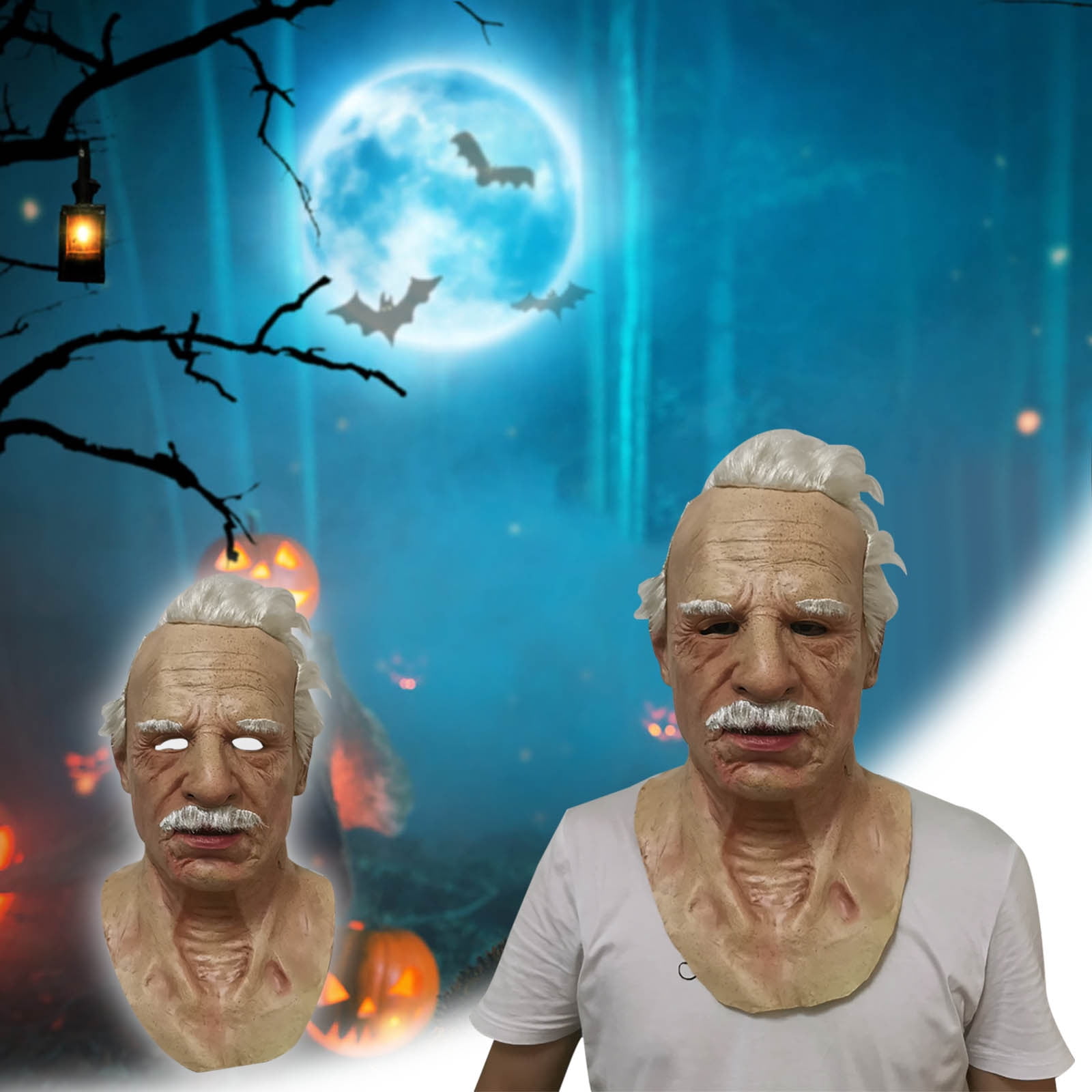 Pompotops Halloween New Grandpa Wig Old MansHead Set Old Man Scary Mask ...