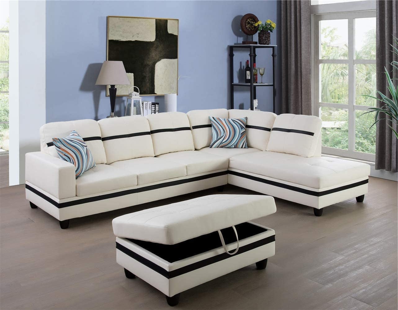 Pon Living Faux Leather L-Shaped Sectional Sofa Set with Ottoman and ...
