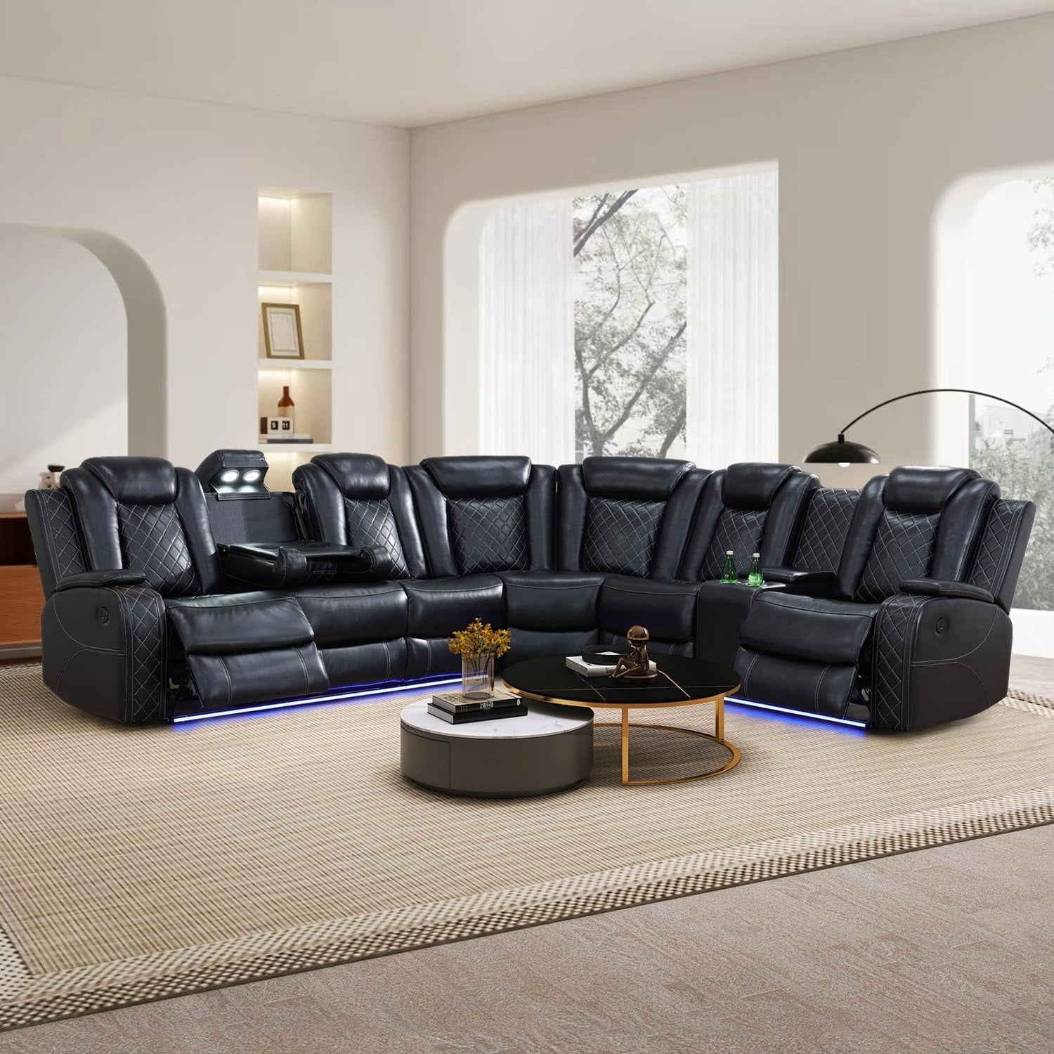 Pon Living Power Recliner Sofa Set, LED-Lit, Black Leather Sectional ...