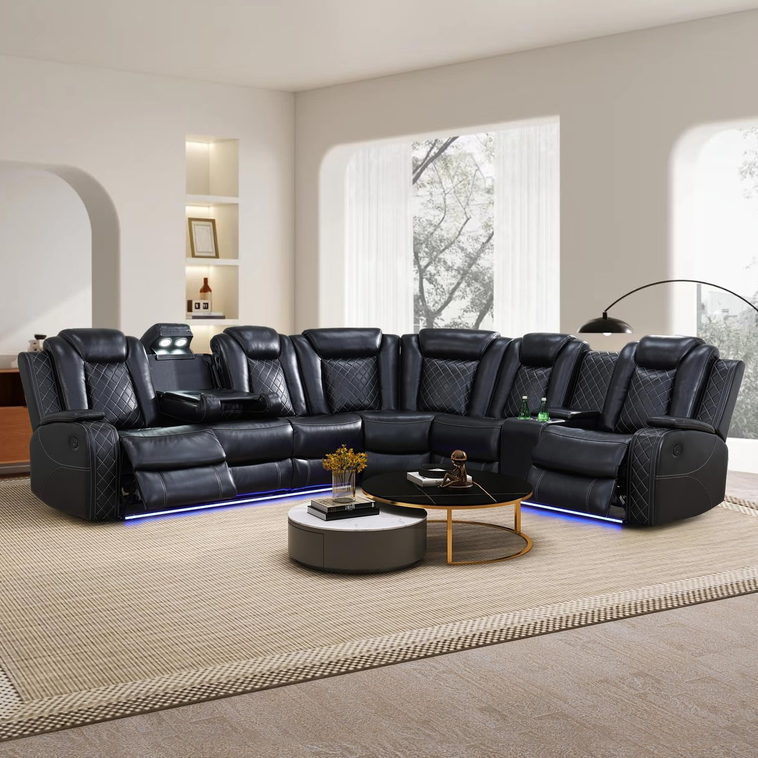 Pon Living Power Recliner Sofa Set, LED-Lit, Black Leather Sectional, USB-Charging, Versatile ...
