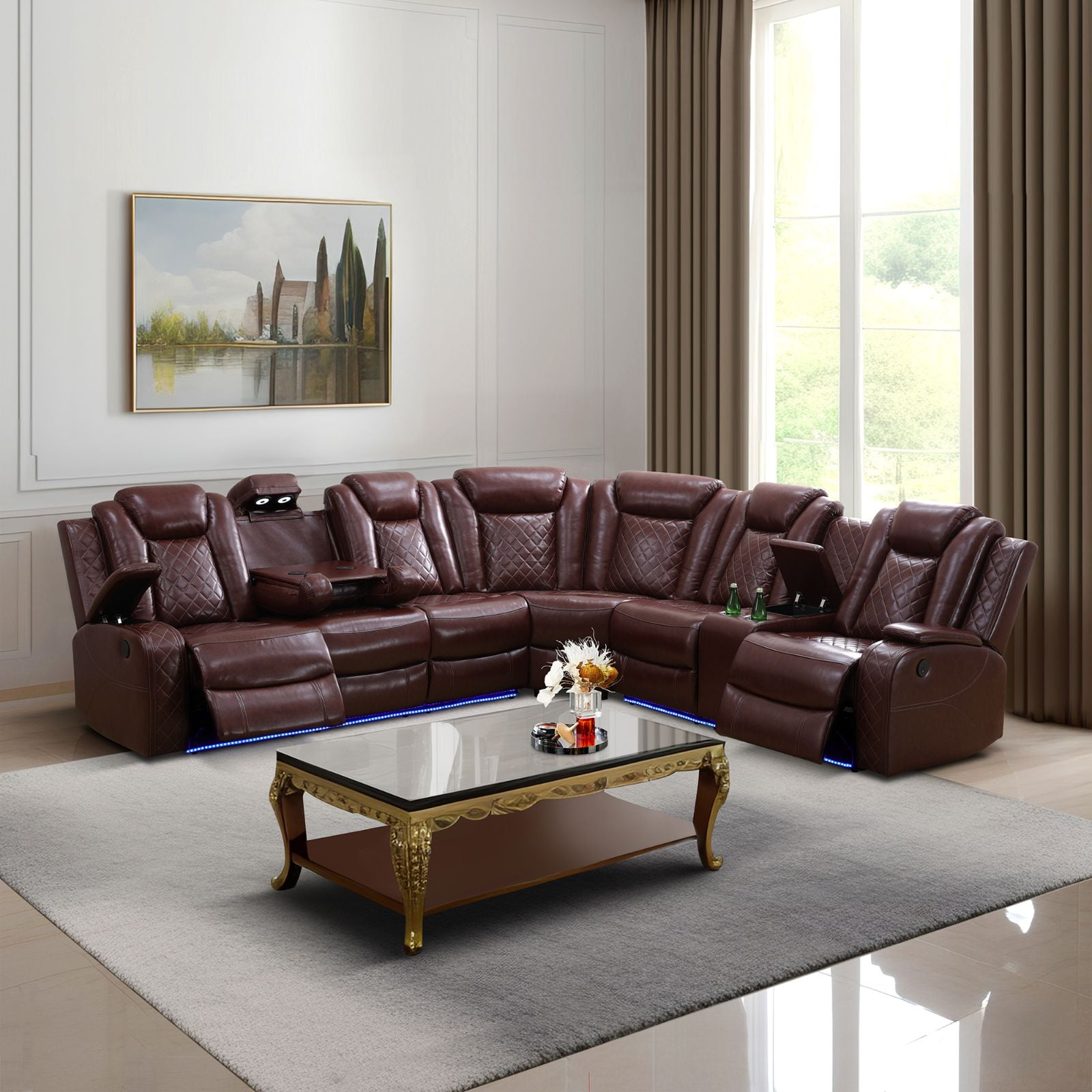 Pon Living Power Recliner Sofa Set, LED-Lit, Red Leather Sectional, USB ...