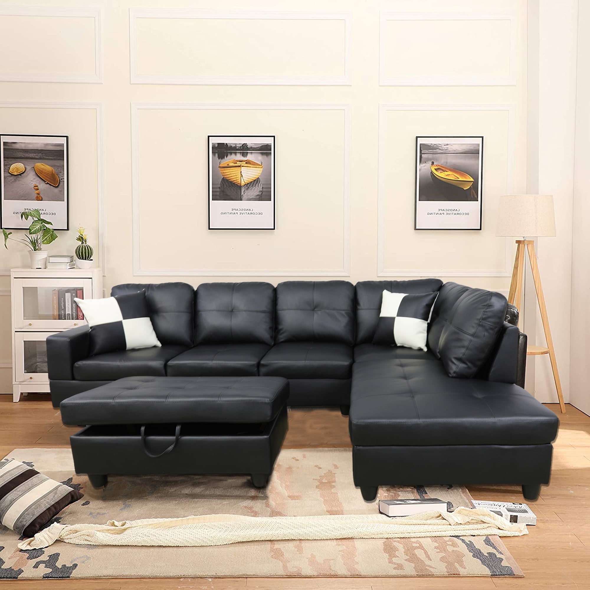 PonLiving 103 Wide Faux Leather sectional Left Hand Facing Sofa Chaise with Ottoman Right Hand Facing Black Walmart
