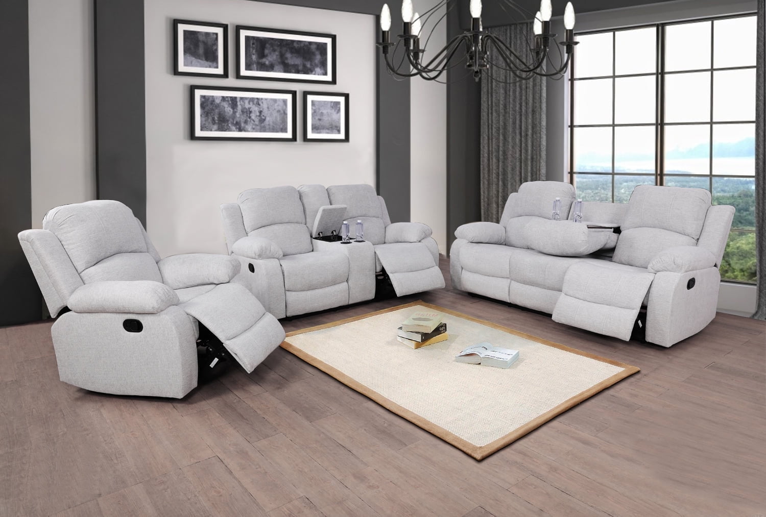 PonLiving 3 Pieces Recliner Sectional Sofa Set with Drop Down Table ...