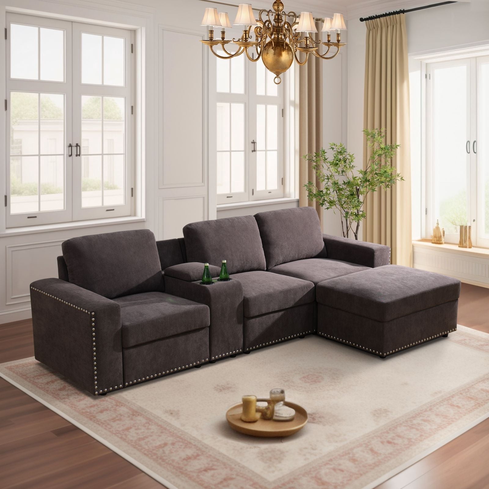 PonLiving Brown Flannel 4-Pieces USB and power outlet Living Room Sofa ...