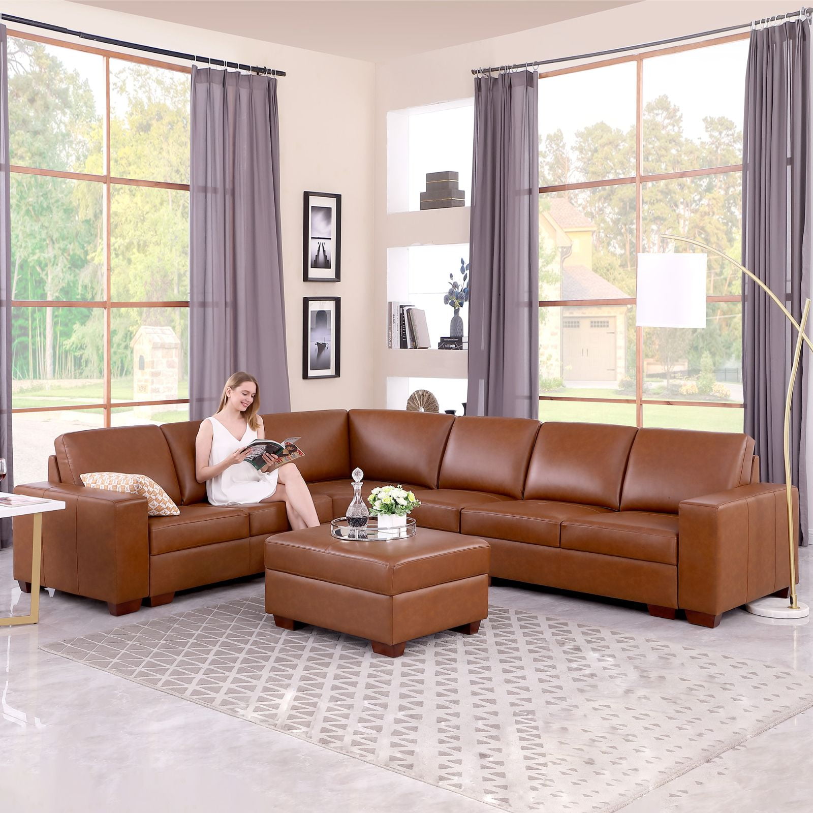 PonLiving Brown Leather Sectional Sofa L Shape 2+2 Pieces Living Room ...