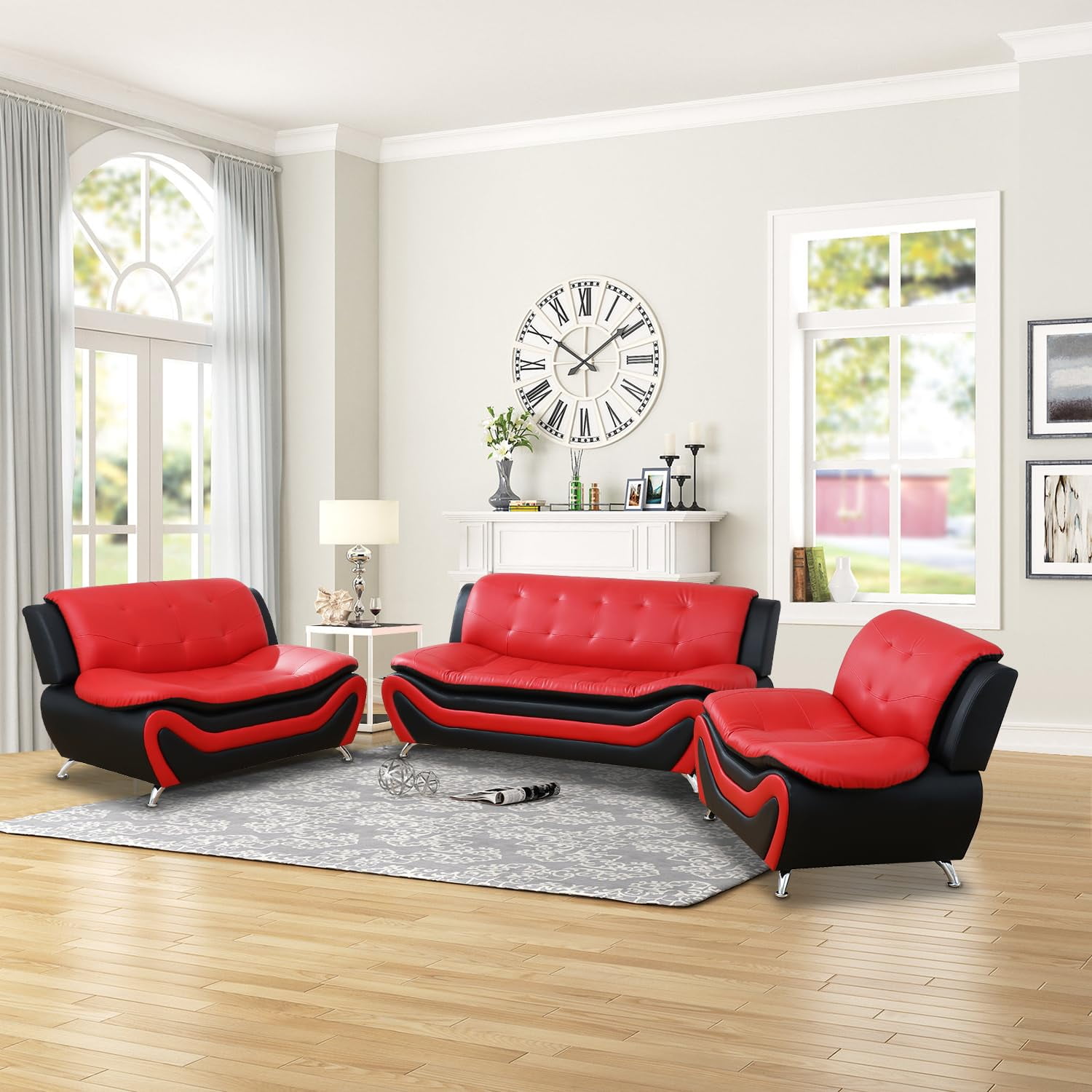 PonLiving Oversize Modern Leather Sofa Set with Loveseat and Armchair 3 Piece Living Room Furniture Sets Red Black