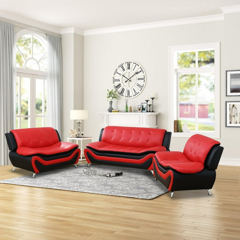 PonLiving Oversize Modern Leather Sofa Set with Loveseat and Armchair 3 Piece Living Room Furniture Sets Red Black