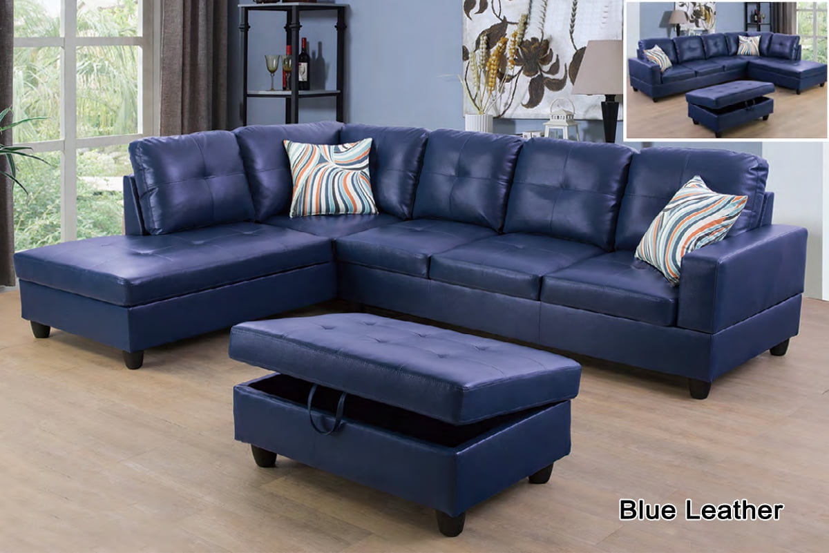 PonLiving Furniture Blue Leather Sectional Couch, Modern L-Shaped Sofa ...