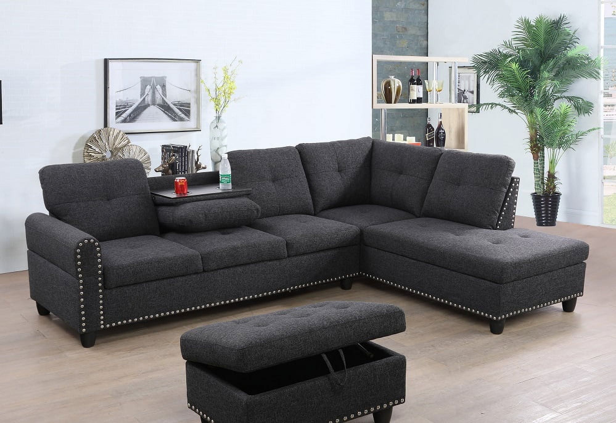PonLiving Furniture Maghin 98'' Black Grey Linen Sectional Sofa with ...