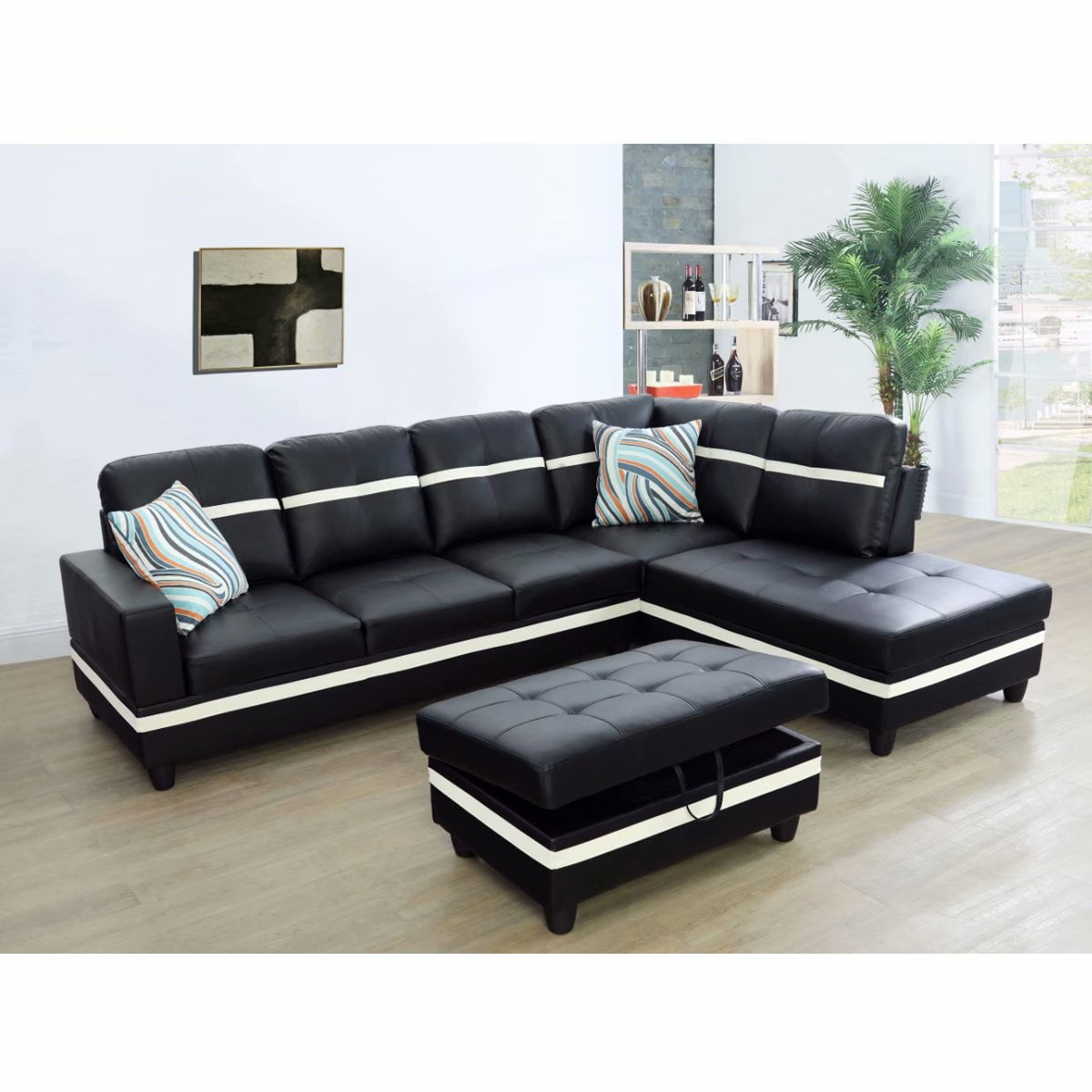 PonLiving Furniture Modern Sectional Sofa Set, Black Leather Living ...