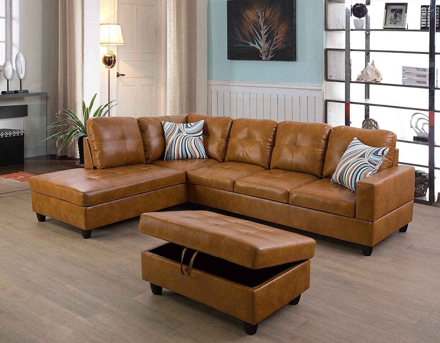 PonLiving Modern Leather L-Shaped Couch Set with Ottoman, Ginger ...