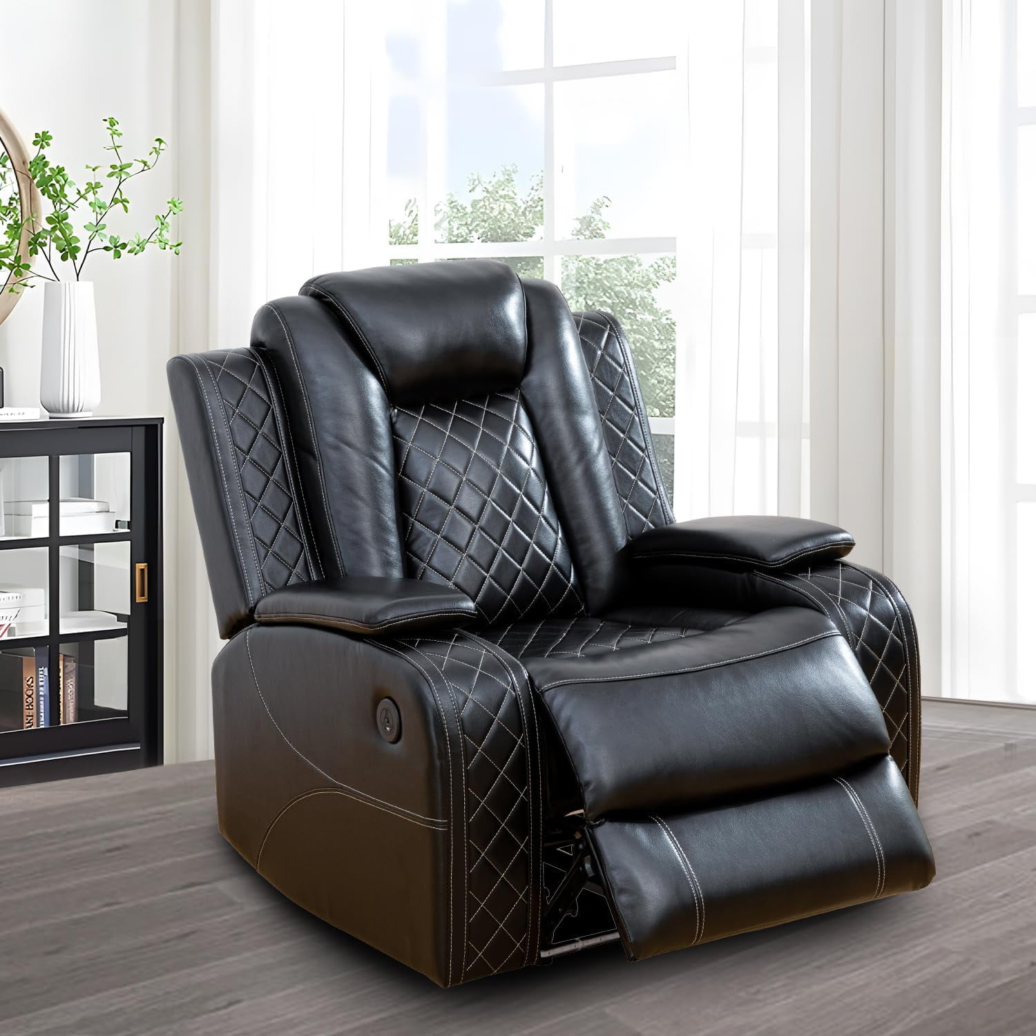 PonLiving Leather Power Recliner Sofa Set LED Lights USB Chargers Black ...