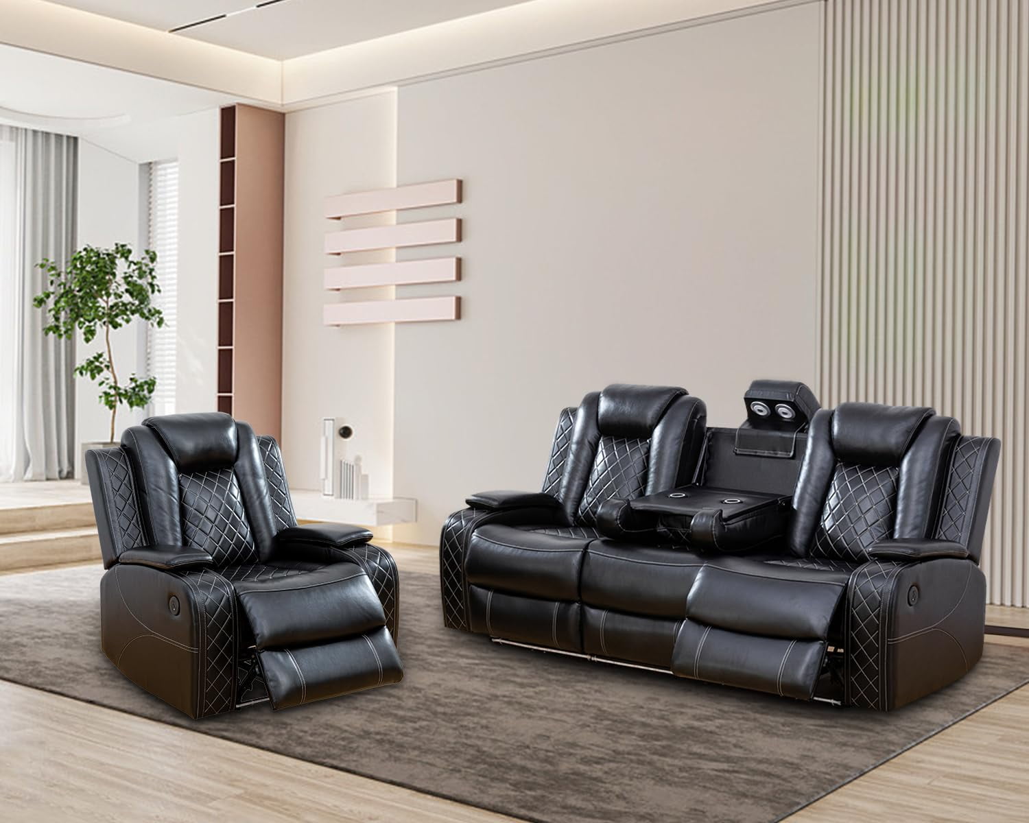 PonLiving Leather Power Recliner Sofa Set with LED Lights and USB ...