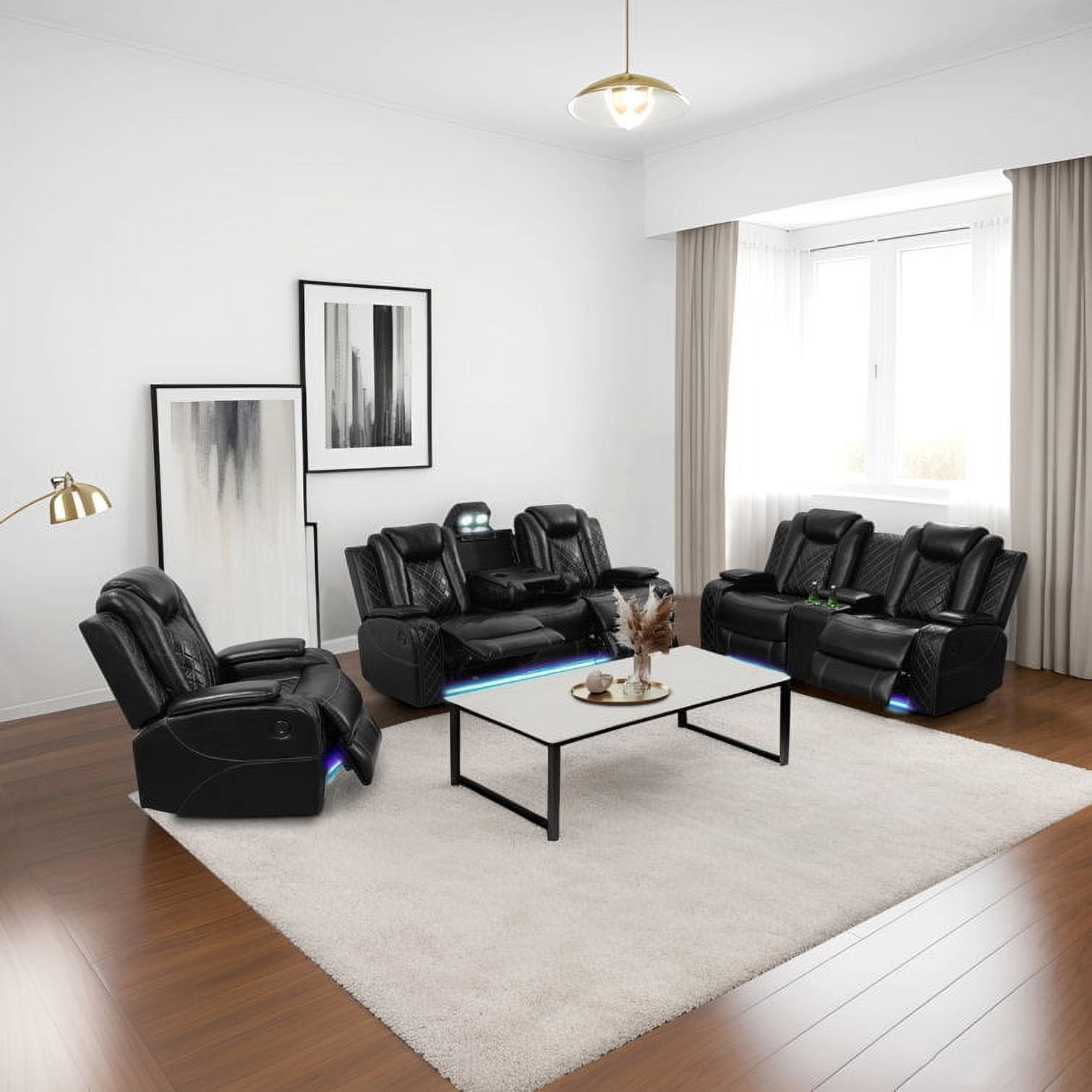 PonLiving Leather Power Recliner Sofa Set with LED Lights and USB ...