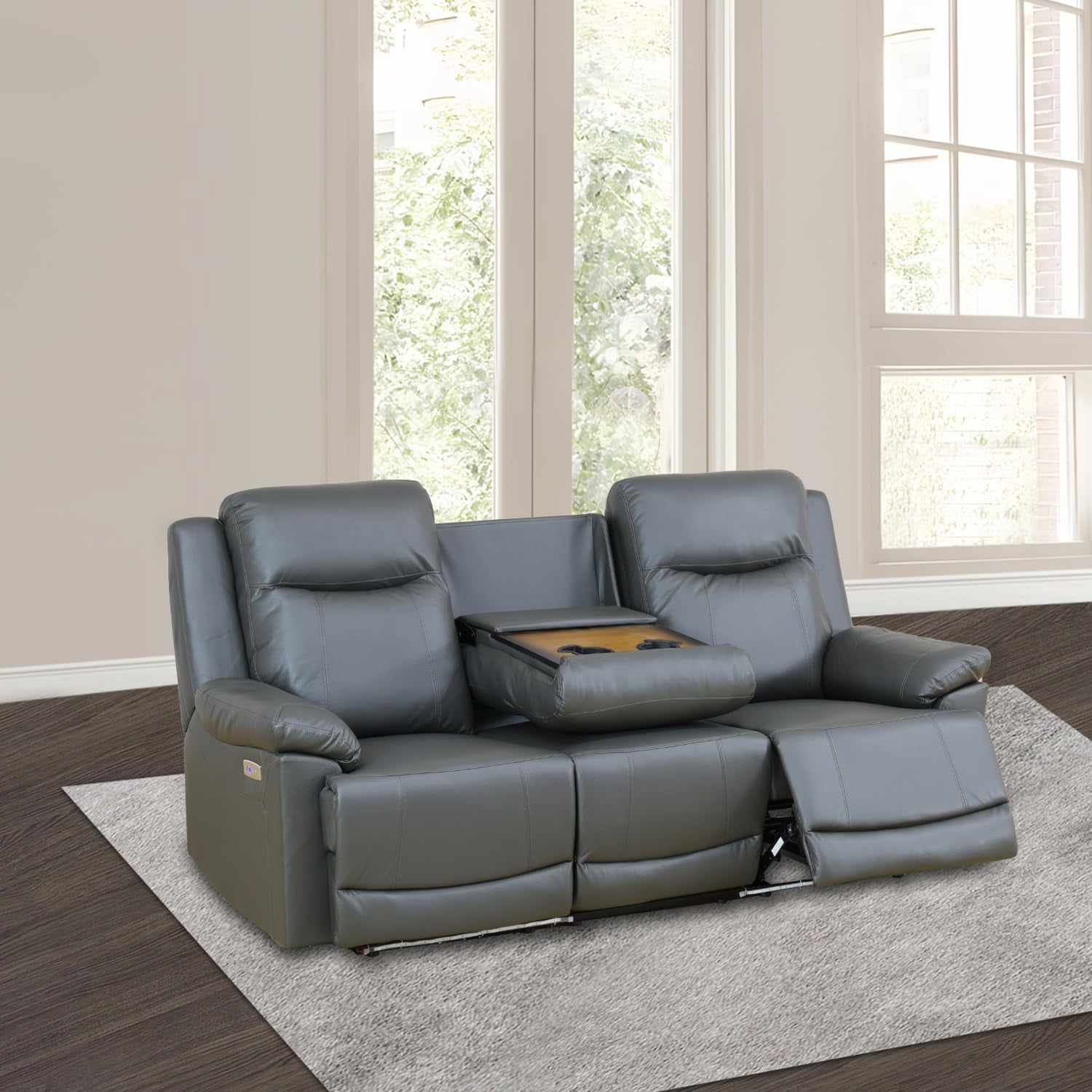 PonLiving Power Leather Recliner Sofa with LED Lights with USB Port Storage Console Cup Holders.Drak Grey